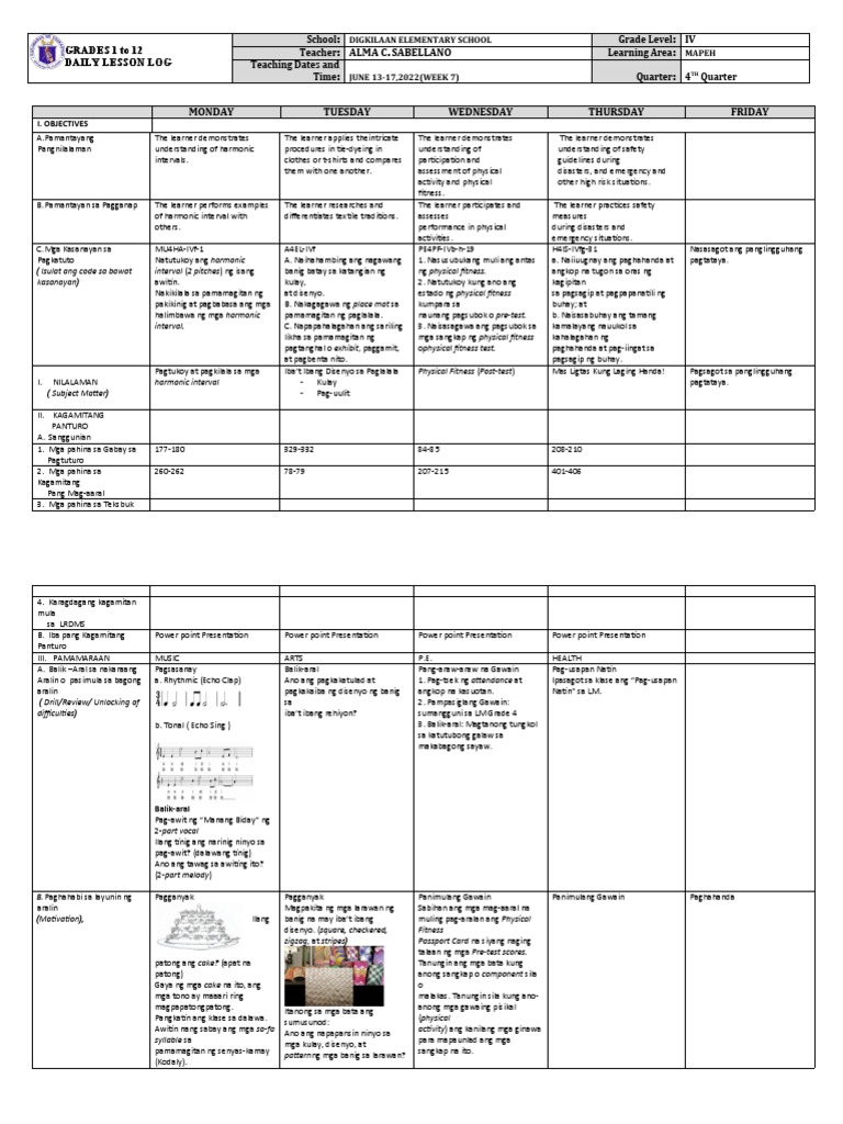 Grade 4 DLL MAPEH 4 Q4 Week 7 | PDF