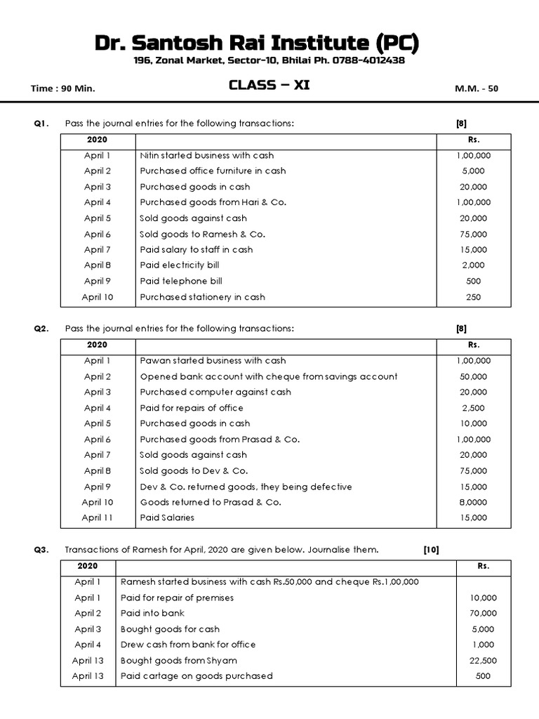 JOURNAL Class 11 Questions | PDF | Debt | Business