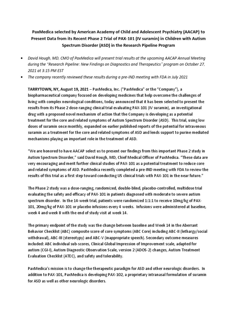 PaxMed AACAP PR - Final - RP - Reviewed | PDF | Autism Spectrum | Autism