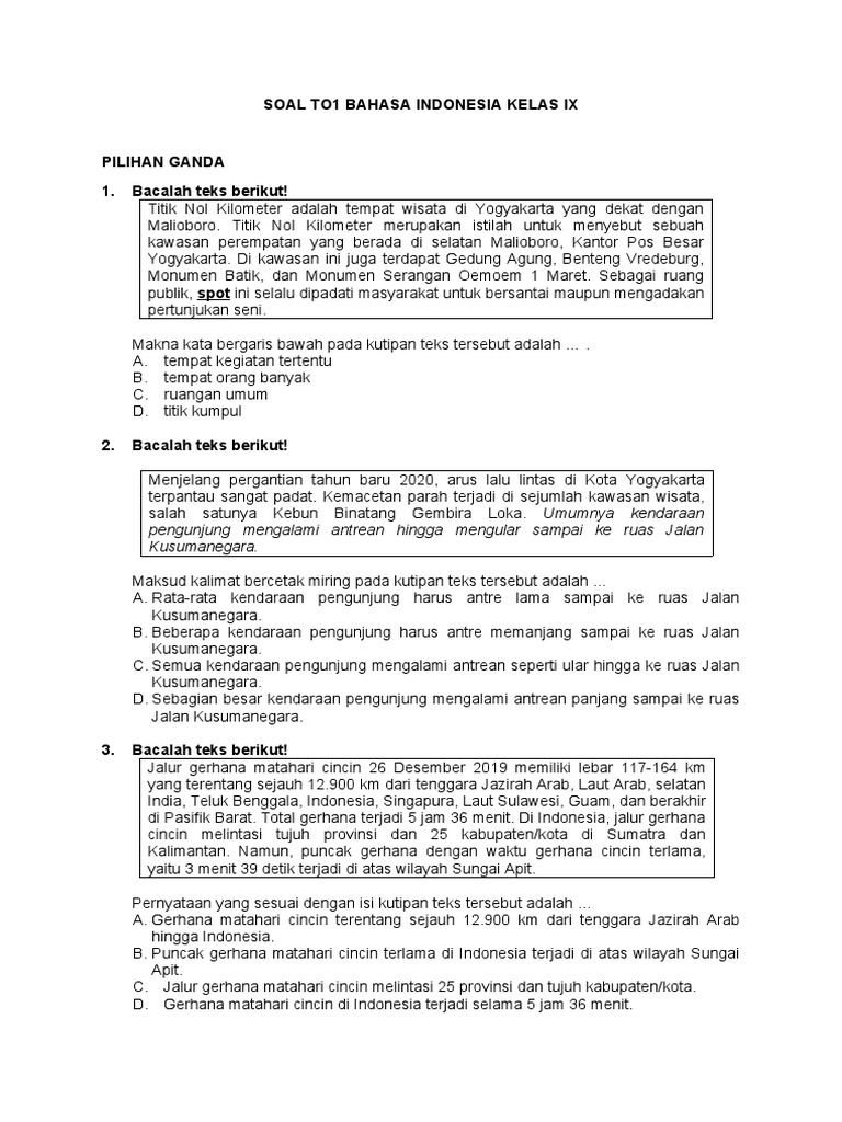 Soal To1 Bindo 2022 Untuk Siswa | PDF