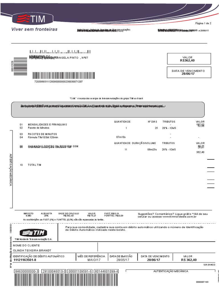Fatura Da Tim | Download grátis PDF | Rádio Definido for Software ...