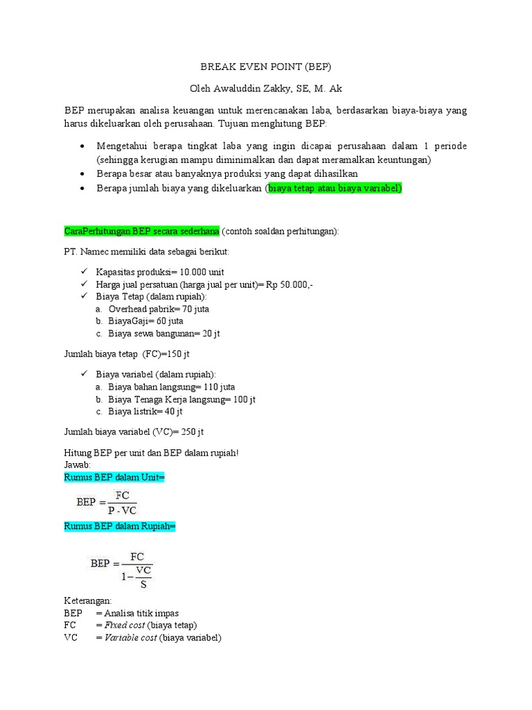 Contoh Perhitungan BEP Sederhana | PDF