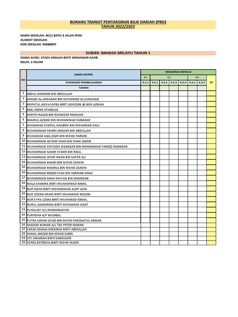 Borang Transit Rpm Bm Thn 1(Menulis) | PDF