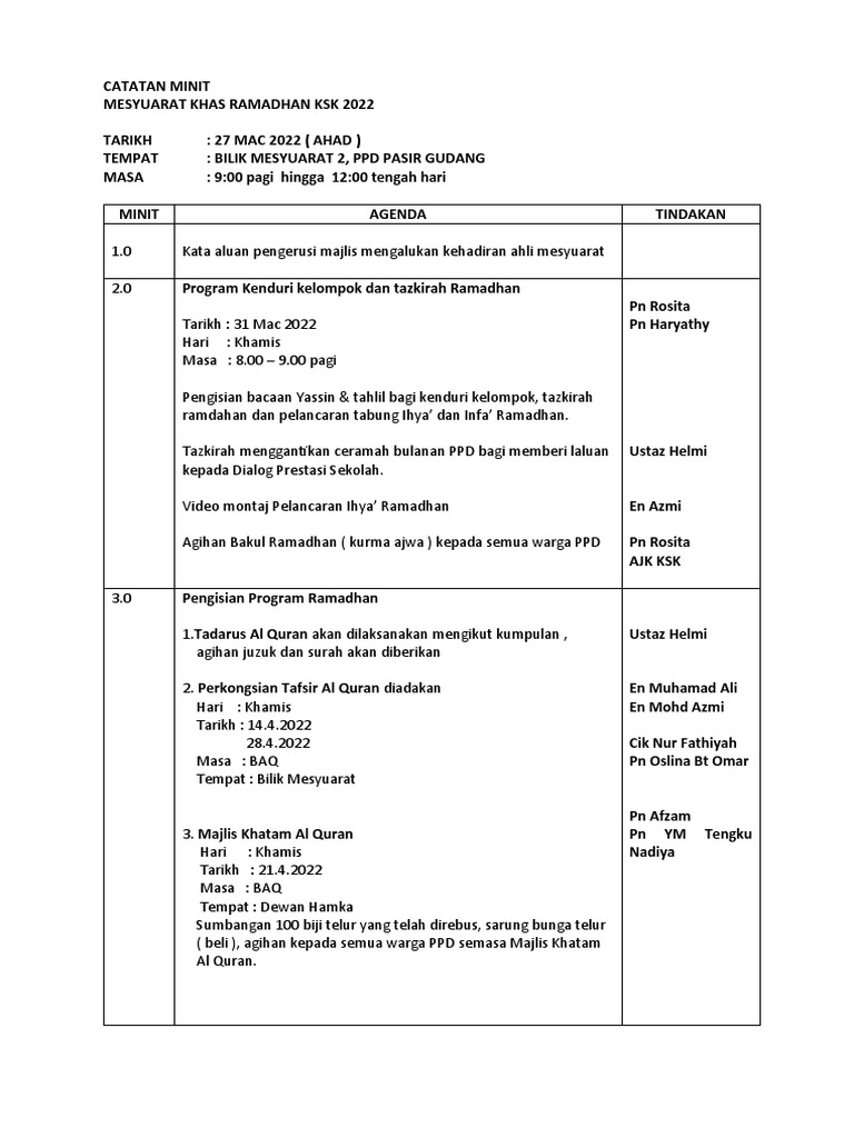 Catatan Minit Mesyuarat Khas Ramadhan | PDF