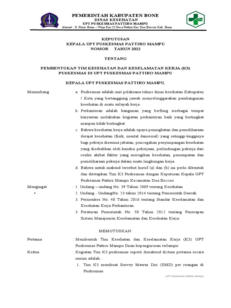 Pembentukan Tim K3 Puskesmas Pattiro Mampu | PDF | Kesehatan Holistik ...