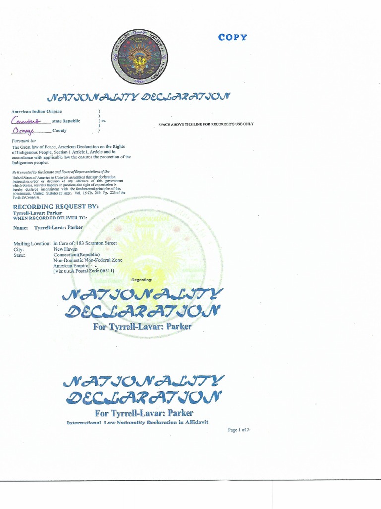 Tyrrell Lavar: Parker Living Man Nationality Declaration | PDF