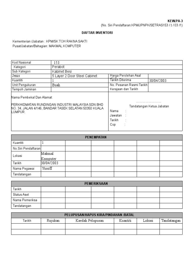 KEW - PA-3-DAFTAR INVENTORI Kabinet MAKMAL | PDF