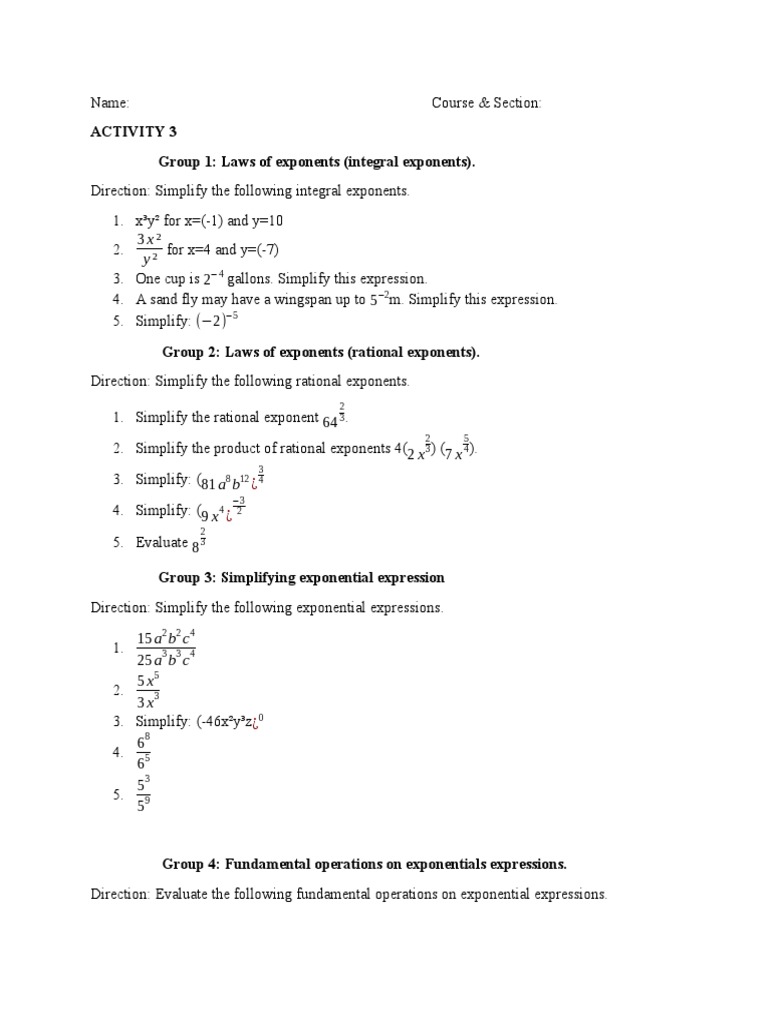 Activity 3 Group 1: Laws of Exponents (Integral Exponents) | PDF