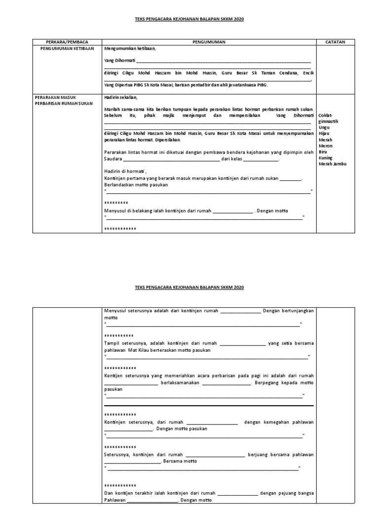 Teks Pengacara Kejohanan Olahraga SKTC 2022 | PDF