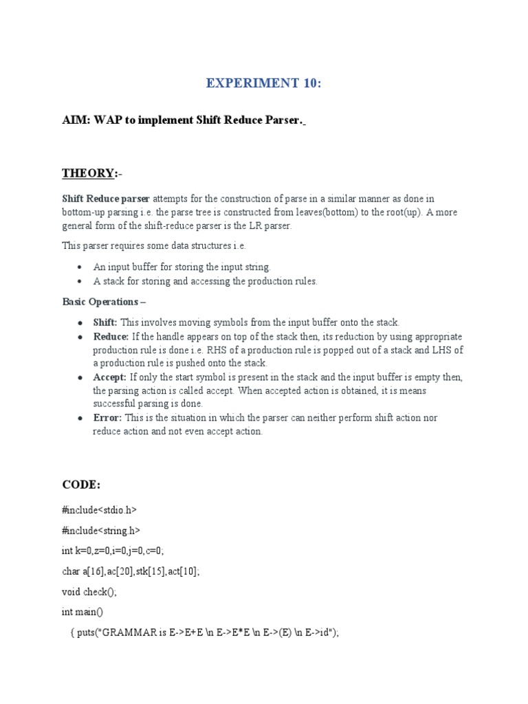 Implementation of a Shift-Reduce Parser in C: An Experiment to Construct a Parse Tree from Input ...