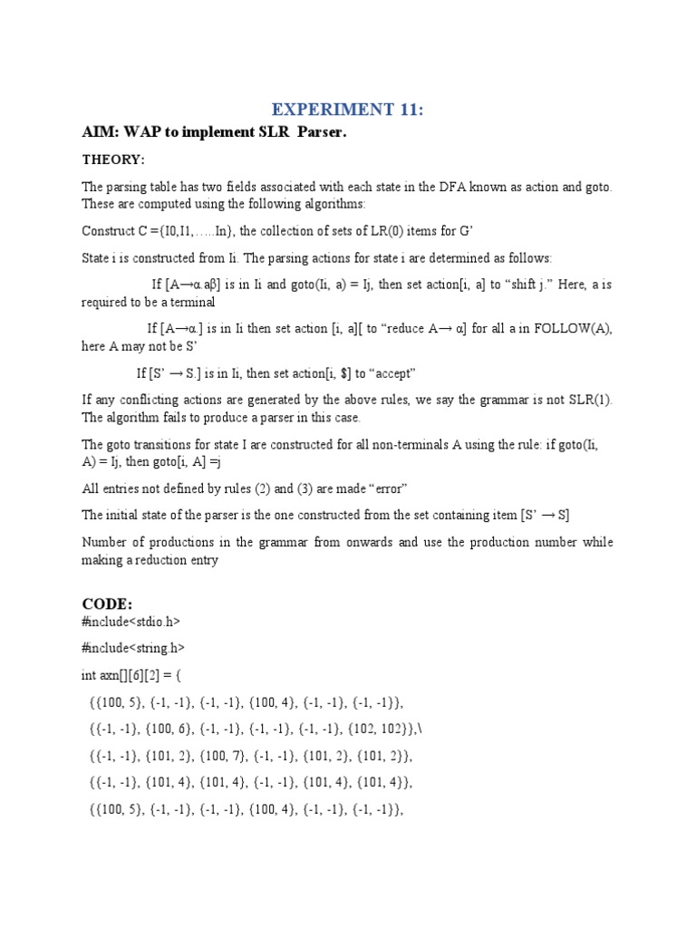 Experiment 11 Aim Wap To Implement Slr Parser Download Free Pdf Parsing Software 1327