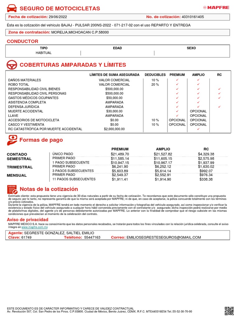 Cot. Mapfre Bajaj 2022 | PDF | Póliza de seguros
