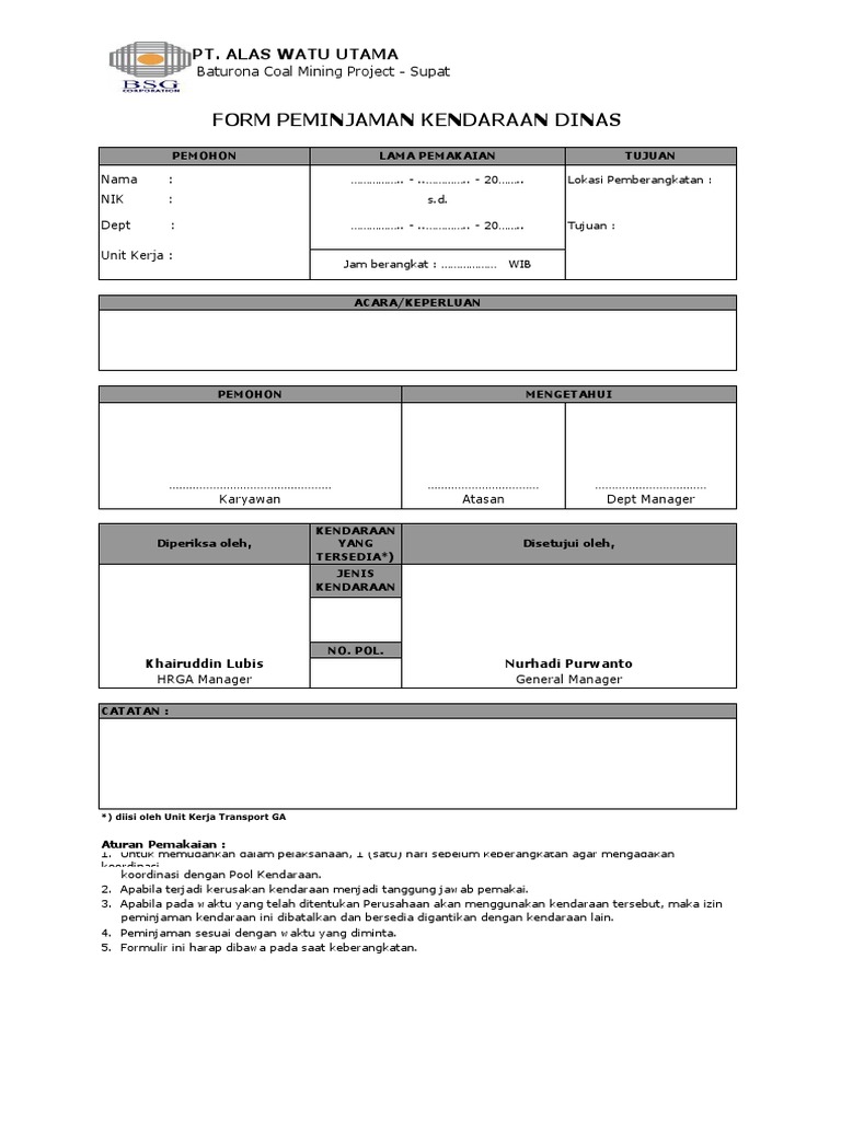 Form Peminjaman Kendaraan Dinas | PDF