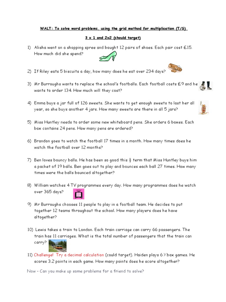 WALT: To Solve Word Problems, Using The Grid Method For Multiplication ...