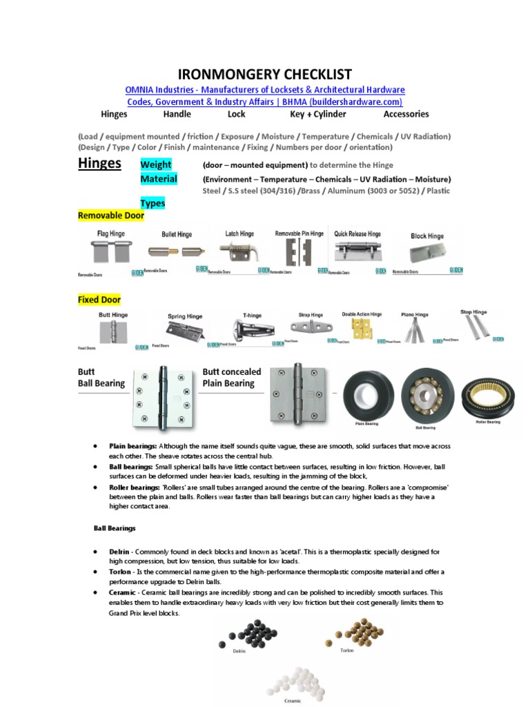 Ironmongery Checklist: Weight Material Types | PDF | Bearing ...