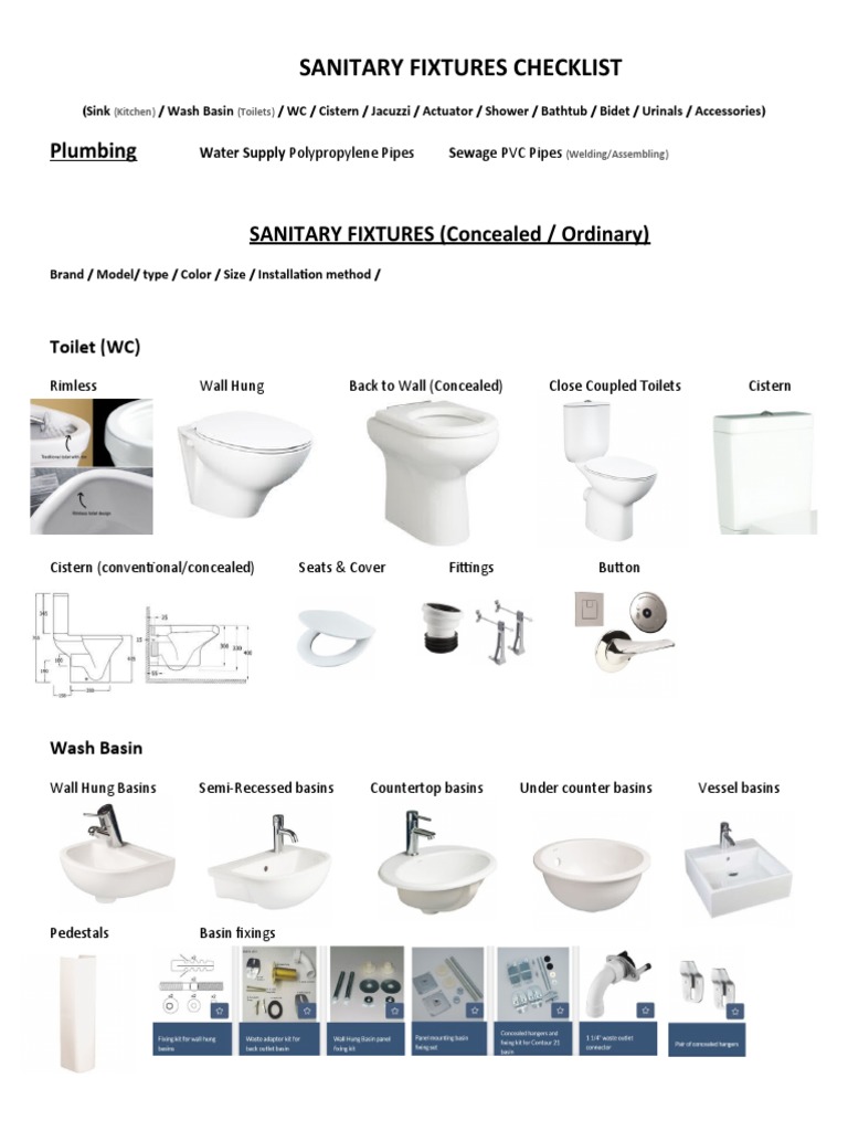 Sanitary Fixtures Checklist | PDF | Tap (Valve) | Sink