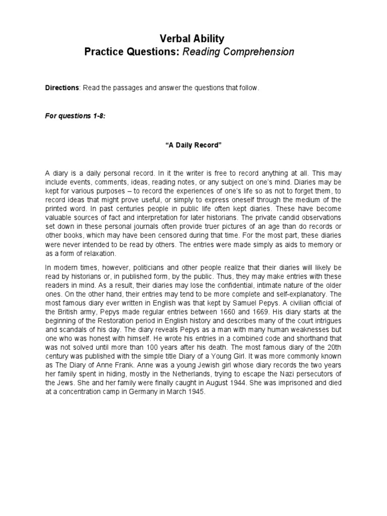 Verbal Ability Practice Questions: Reading Comprehension | PDF | Mount ...