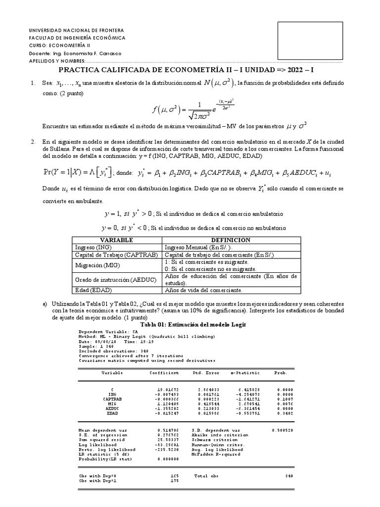 EVALUACION PRACTICA CALIFICADA DE ECONOMETRIA II - I UNIDAD 2022-I | PDF | Econometría ...