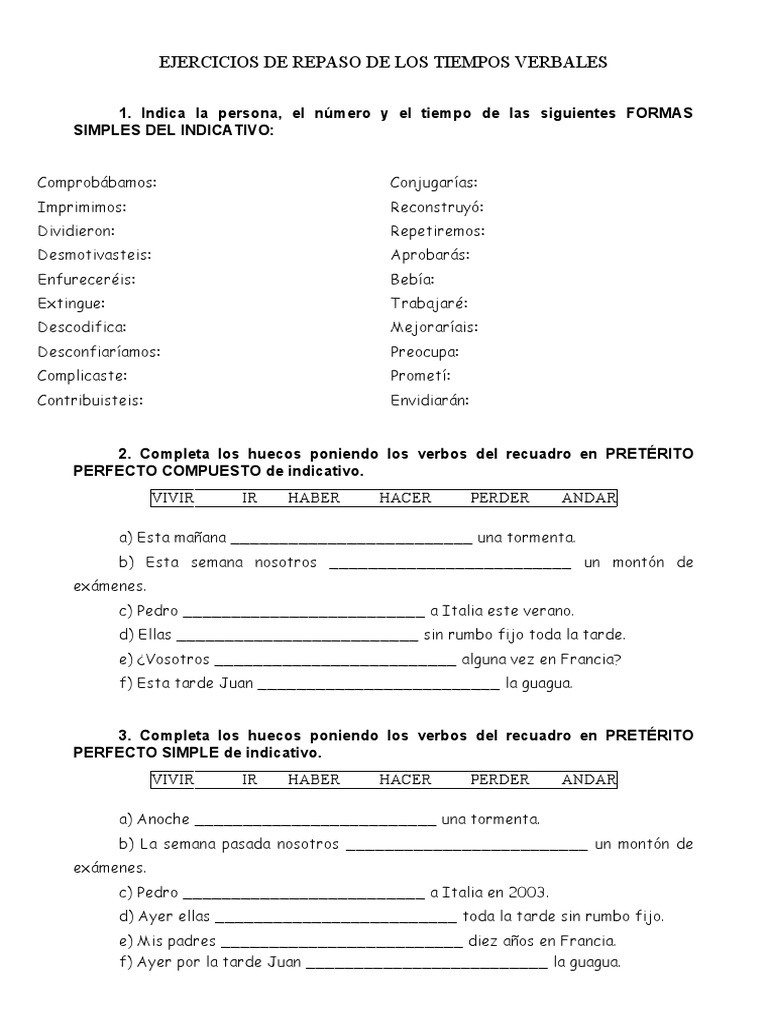 Ejercicios de Repaso Verbos | PDF | Verbo