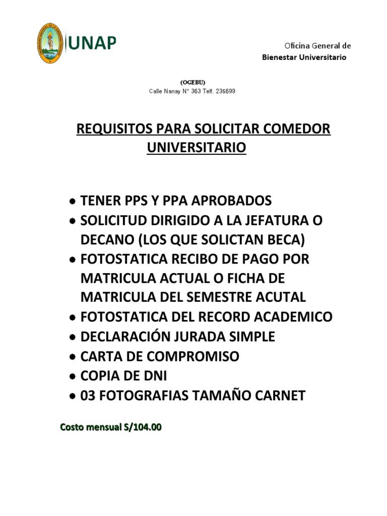 Formatos de Solicitud y Requisito para Solicitar Cupo Comedor | PDF
