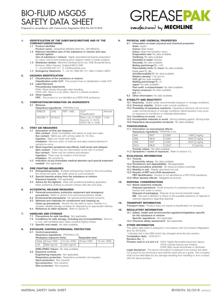 Bio-Fluid Msgd5 Safety Data Sheet: Prepared in Accordance With ...