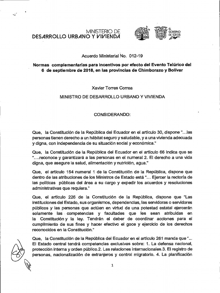 Acuerdo Ministerial No 012 19 Normas Complementarias para Incentivos Efecto Del Evento Telurico ...