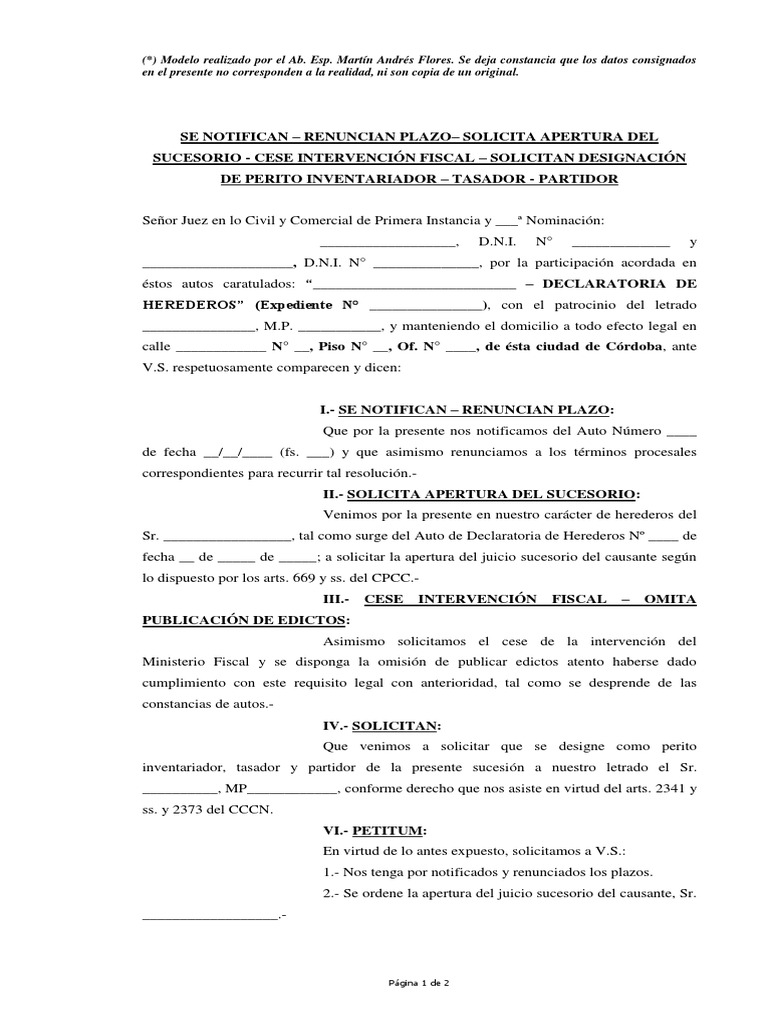 TP 4 - Modelo de Escrito de Apertura Del Sucesorio, Inventario y Avalúo, y Cuenta Particionaria ...