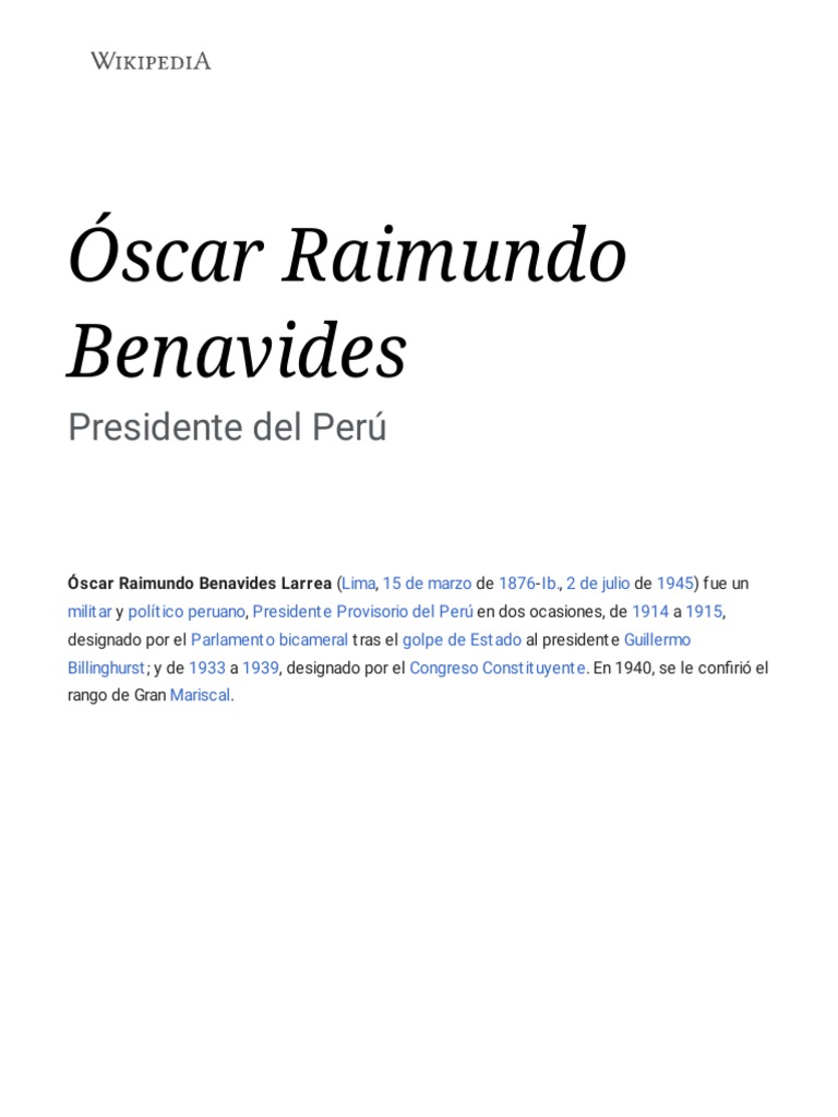 Óscar Raimundo Benavides - Wikipedia, La Enciclopedia Libre | PDF ...