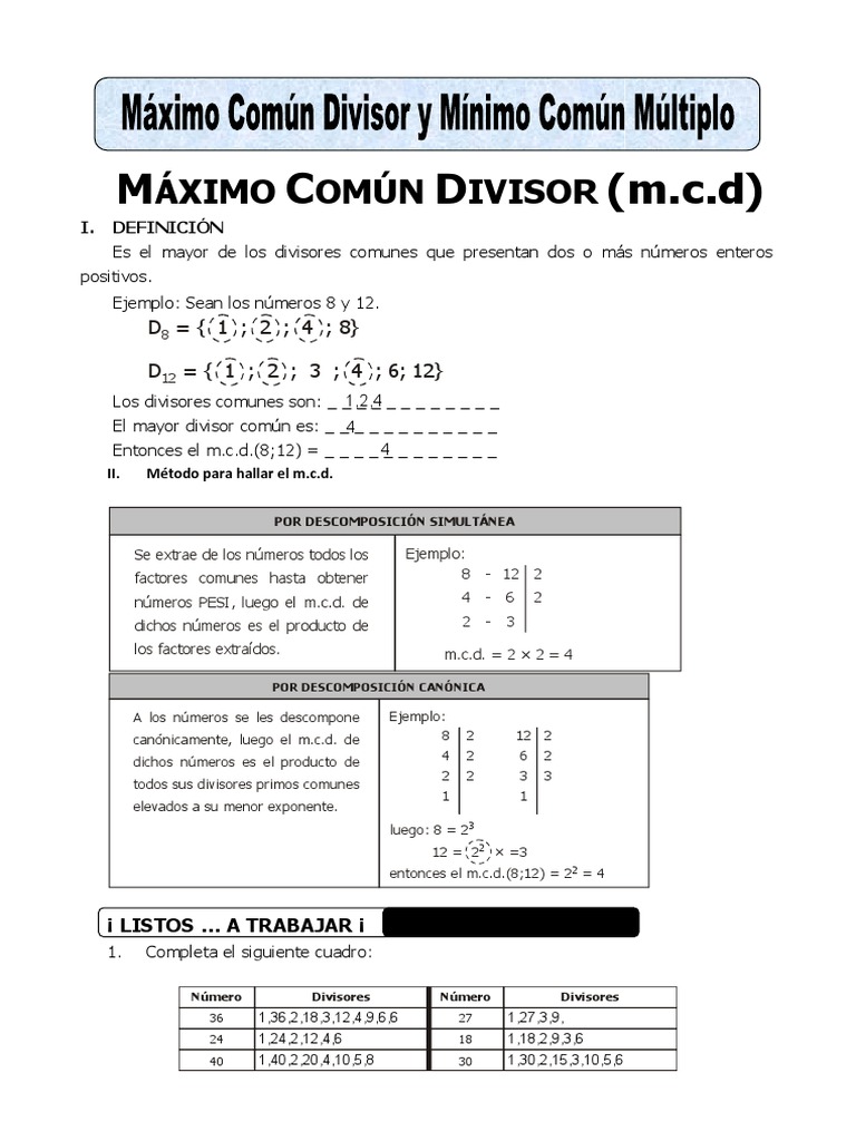 11 Máximo Común Divisor y Mínimo Común Múltiplo para Sexto de Primaria ...
