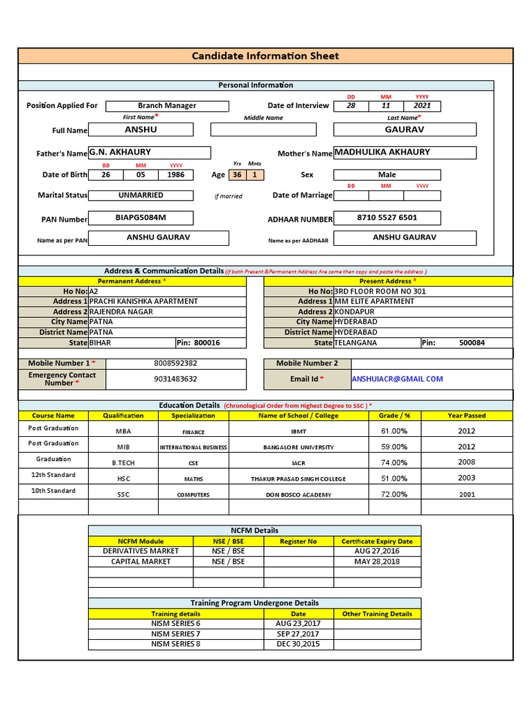 Candidate Information Sheet: Anshu Gaurav | PDF