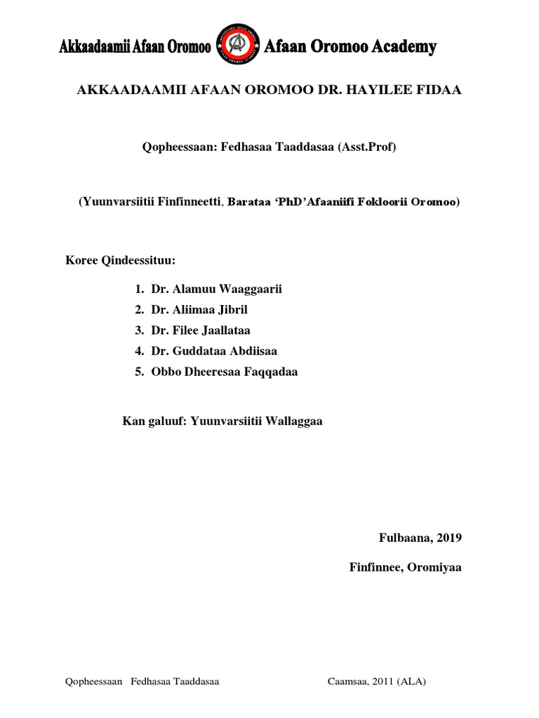 Sanada Akkaadaamii Afaan Oromoo Dr. Hayilee Fidaa | PDF