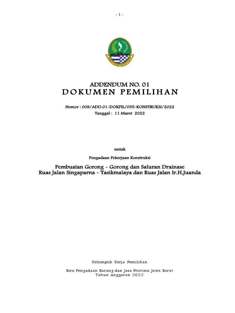 Addendum 01 Dok. Pek - Pemb.Gorong2 Dan Saluran Drainase Singaparna-Tasikmalaya Dan Ruas Jalan ...