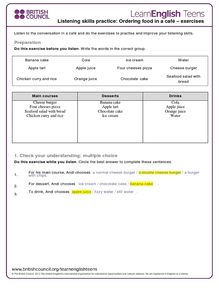 Listening Skills Practice: Ordering Food in A Café - Exercises | PDF ...