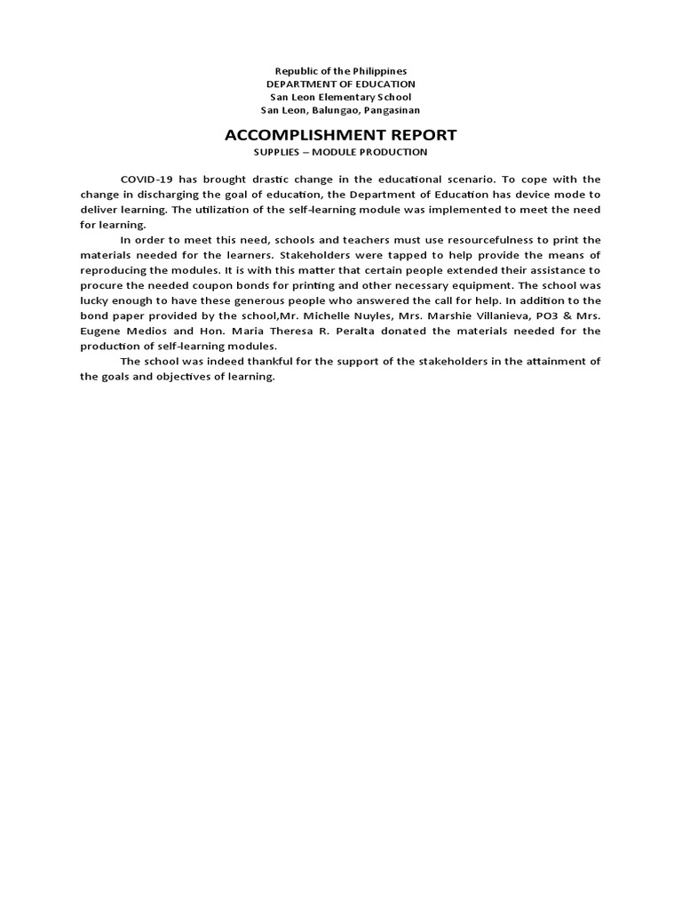 Accomplishment Report For LSB | PDF | Behavior Modification