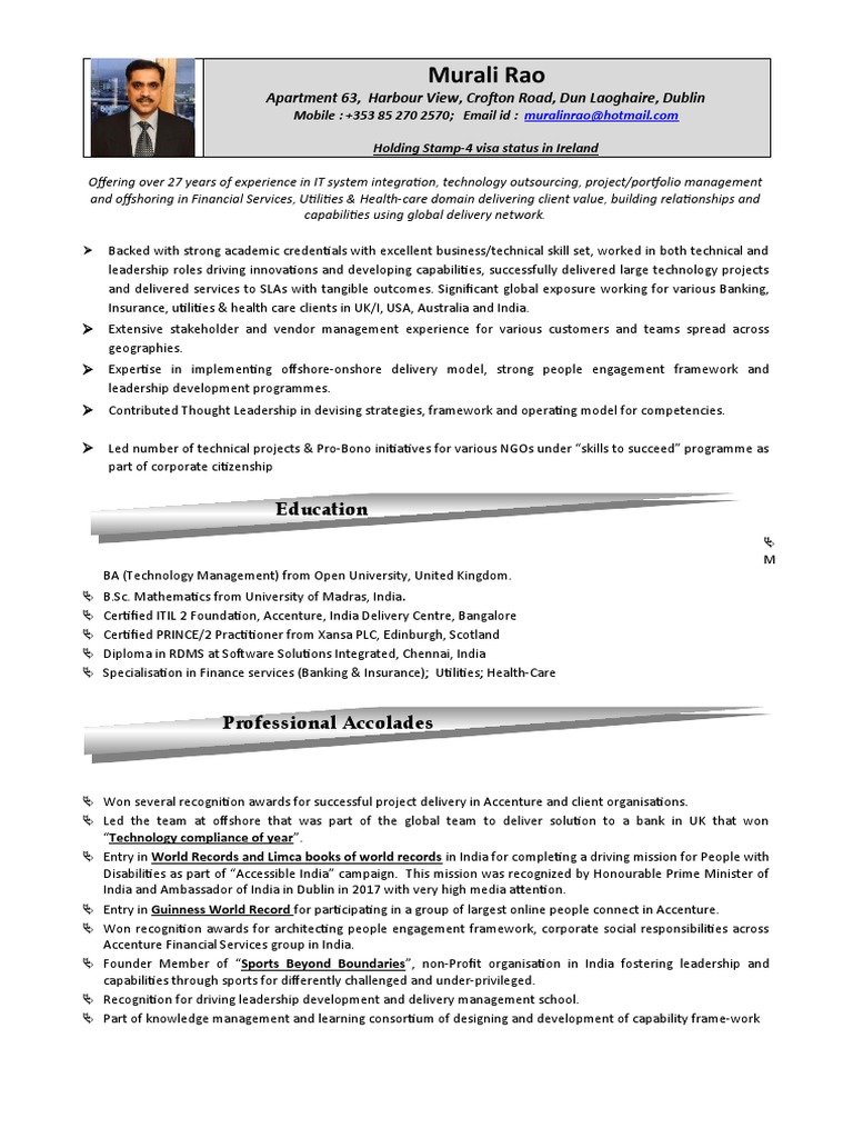 Murali Rao Profile 2020 New | PDF | Project Management | Offshoring