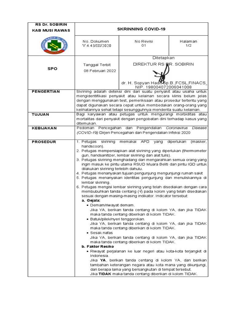 Prosedur Skrining COVID-19 RS Sobirin | PDF
