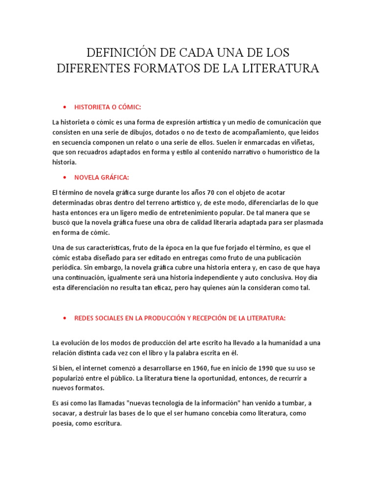 Definición de Cada Una de Los Diferentes Formatos de La Literatura ...