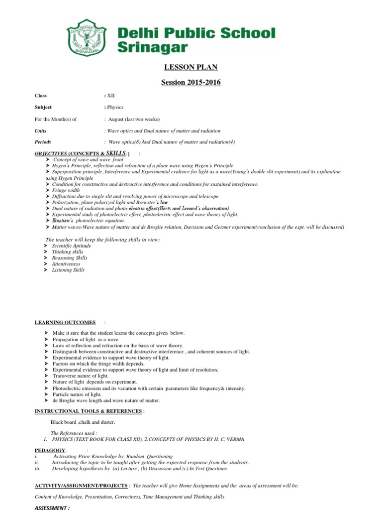 Lesson Plan Session 2015-2016: Class: Xii Subject: Physics | PDF ...