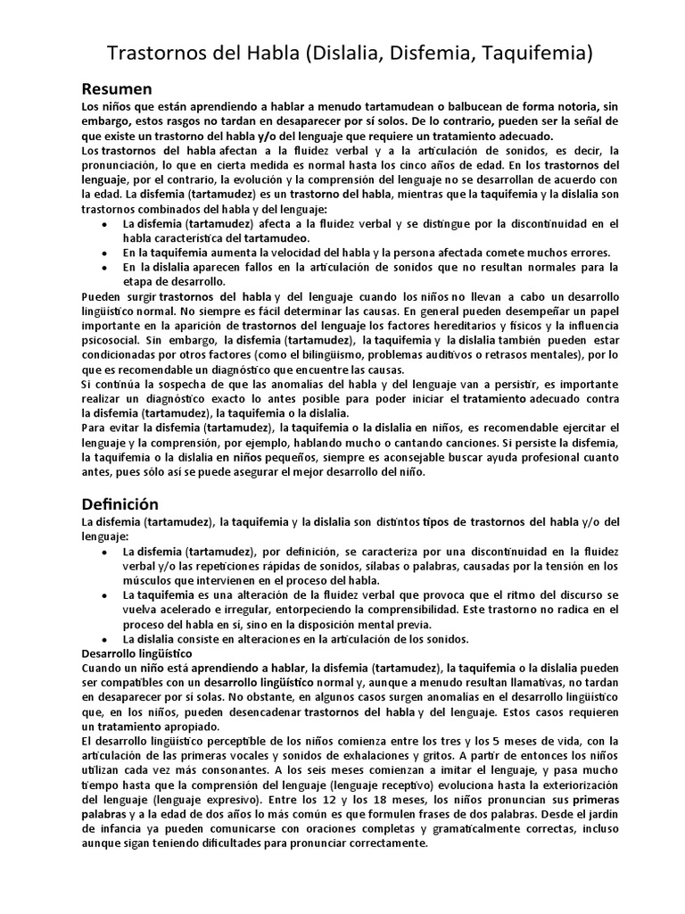 Trastornos del habla y del lenguaje: Dislalia, Disfemia y Taquifemia ...