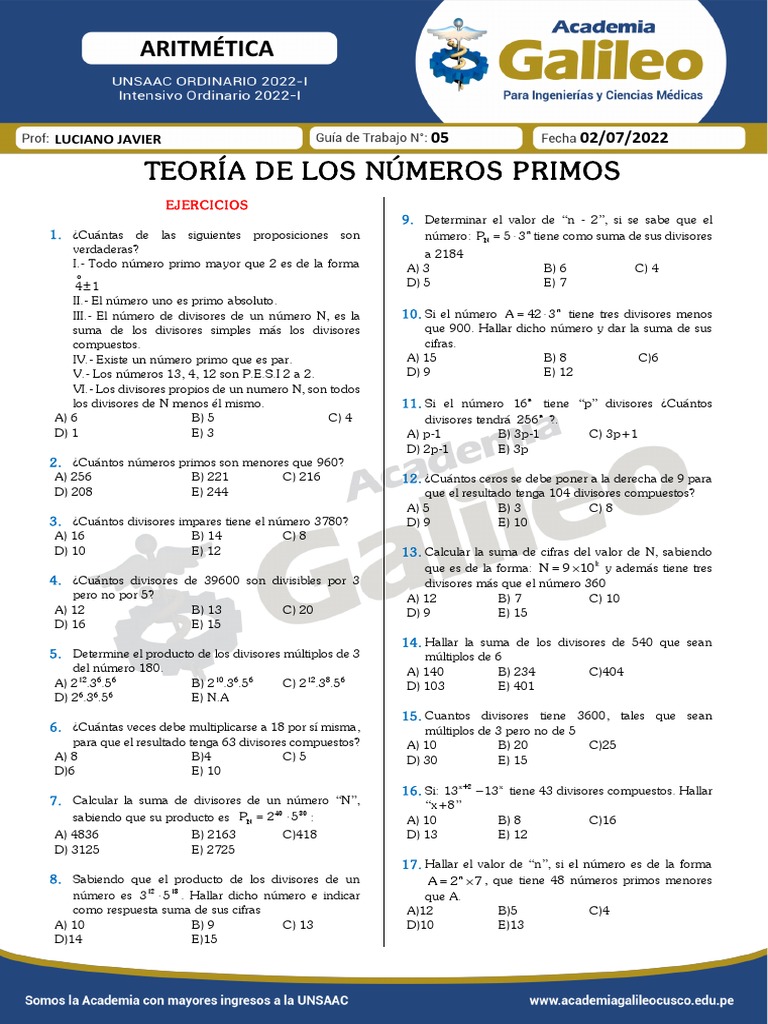 NUMEROS PRIMOS Ejercicios | PDF | Número primo | Matemáticas
