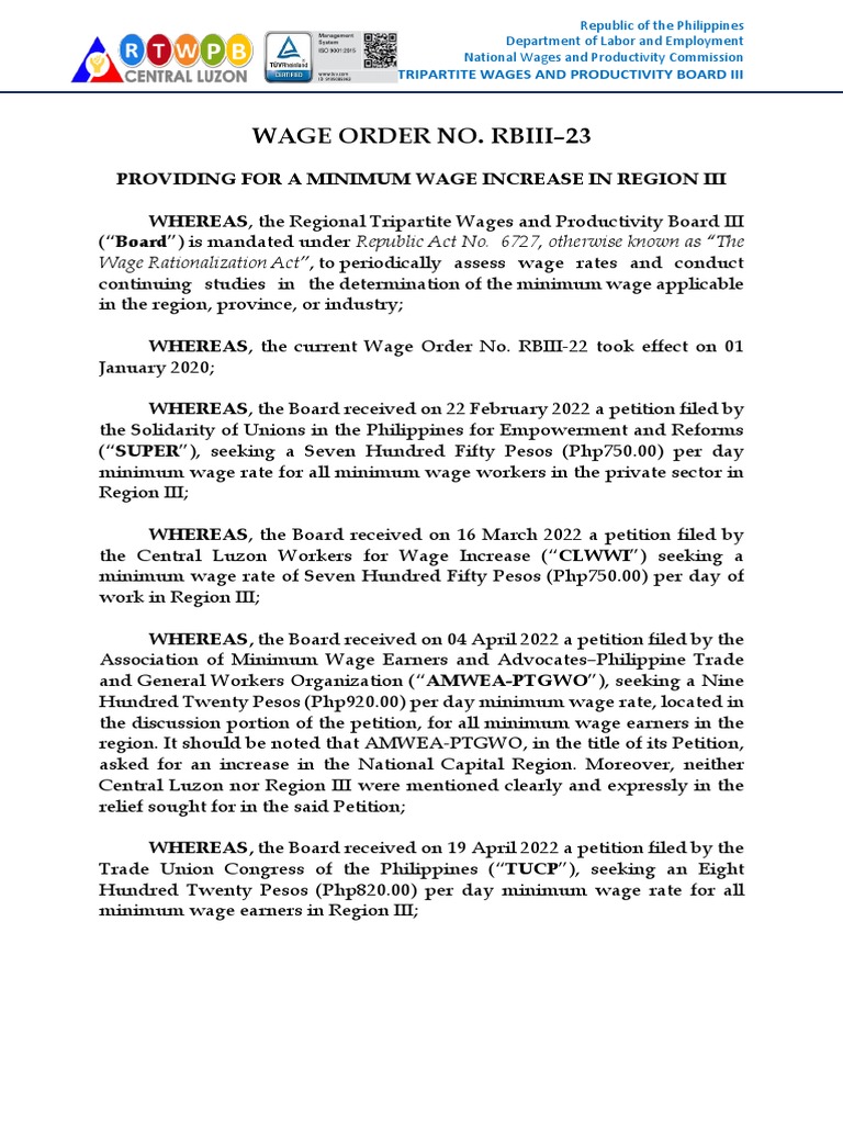 Wage Order No. Rbiii-23: Wage Rationalization Act", To Periodically ...