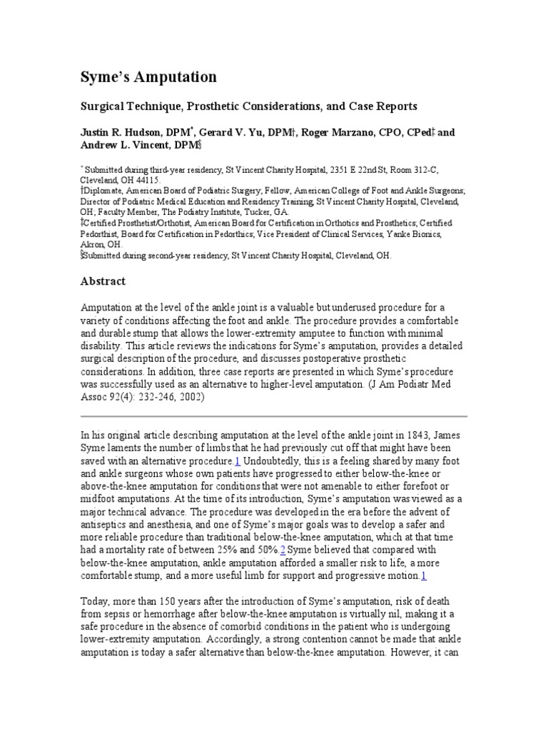 Syme's Amputation: Technique & Cases | PDF | Prosthesis | Amputation