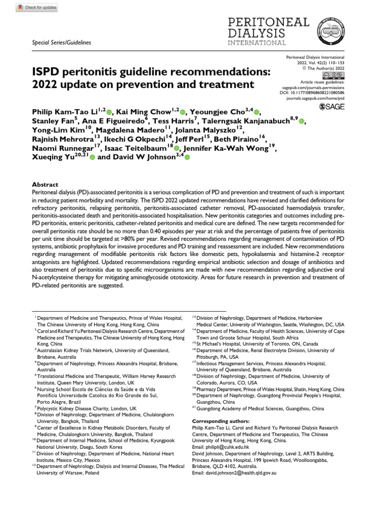 ISPD 2022 Peritonitis Guidelines Update | PDF | Hemodialysis | Nephrology