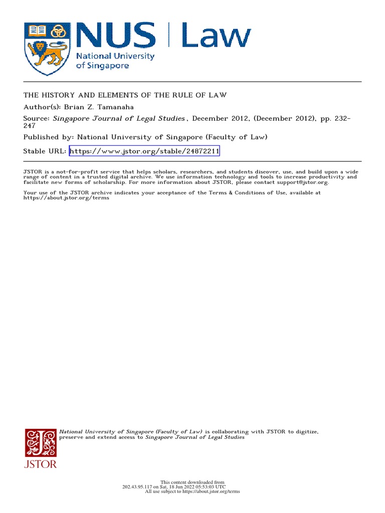 Brian Tamanaha - THE HISTORY AND ELEMENTS OF THE RULE OF LAW | PDF ...