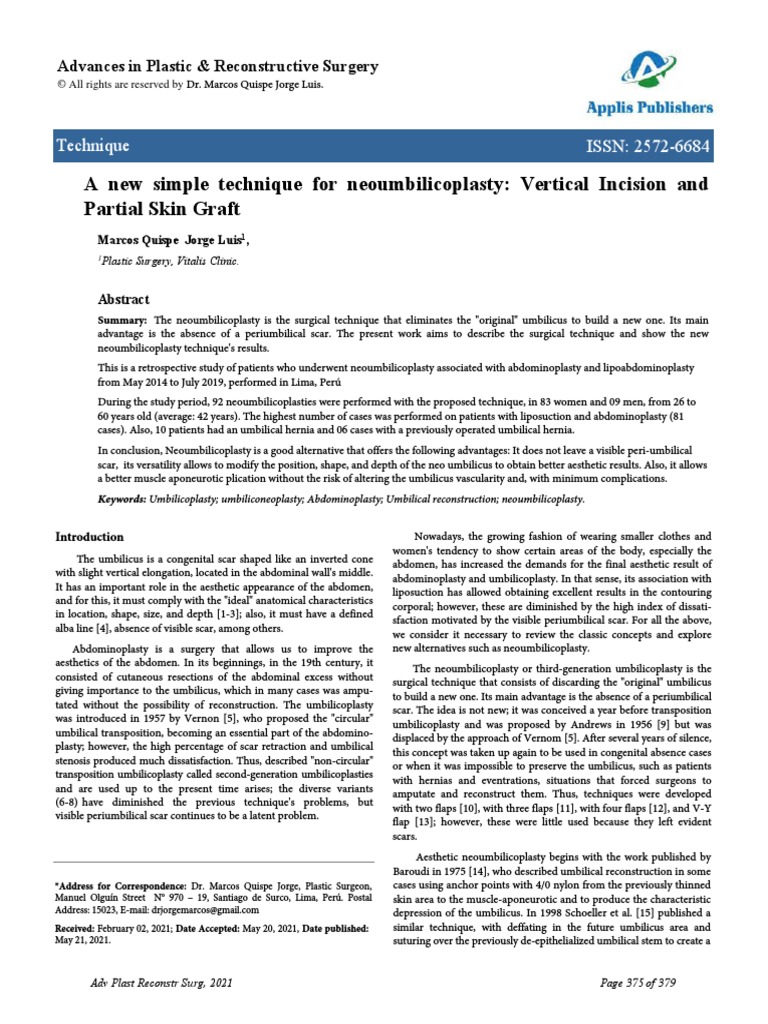 A New Simple Technique For Neoumbilicoplasty: Vertical Incision and ...