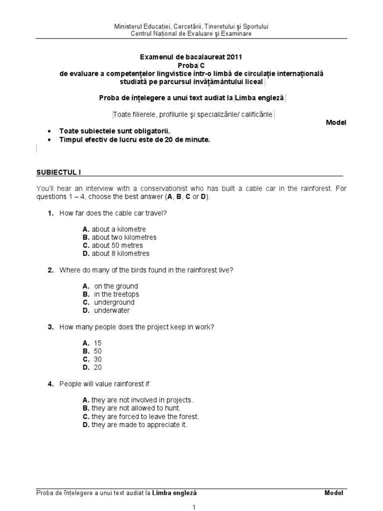 Proba C Competente Lingvistice Limba Engleza Model Subiect | Michael ...