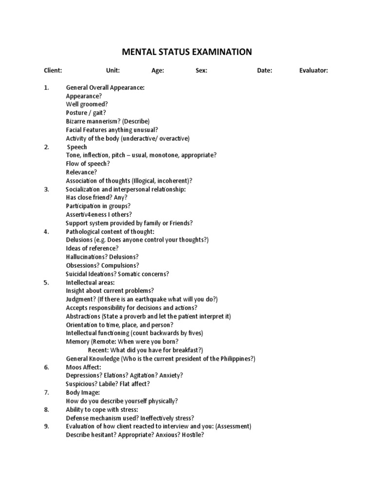 Mental Status Examination Mse 1 | PDF | Mania | Schizophrenia