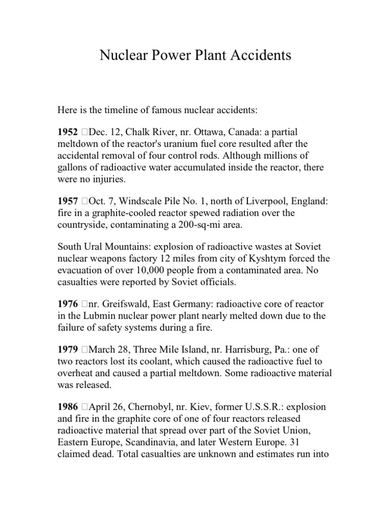 Nuclear Power Plant Accidents | PDF | Nuclear Power | Nuclear Reactor