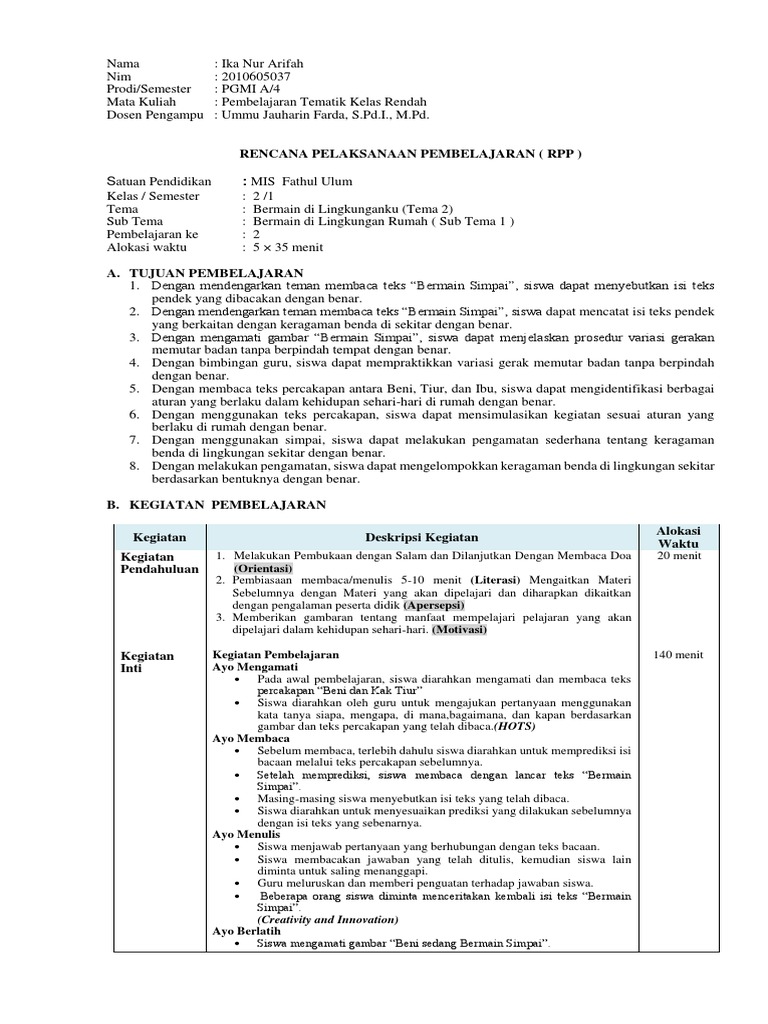 RPP Kelas 2 Semester 1 Ika Nur Arifah-20106051037 | PDF