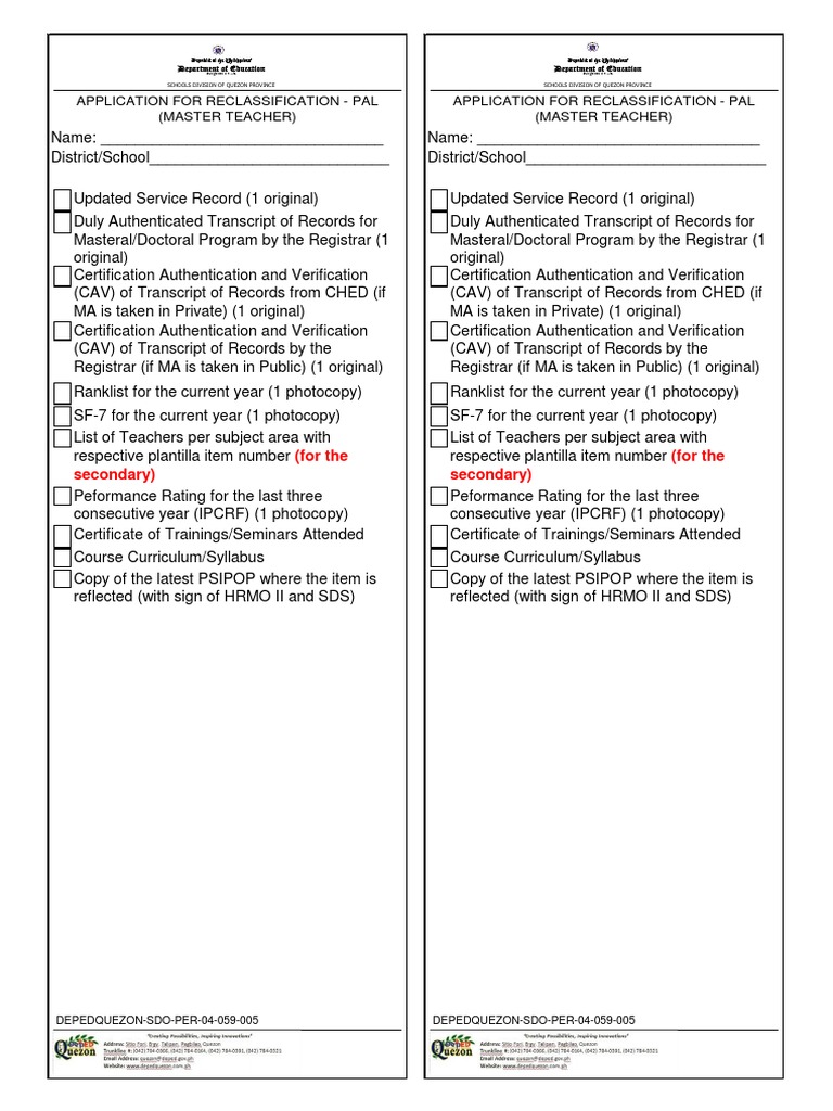 Application For Reclassification - Pal (Master Teacher) Application For ...